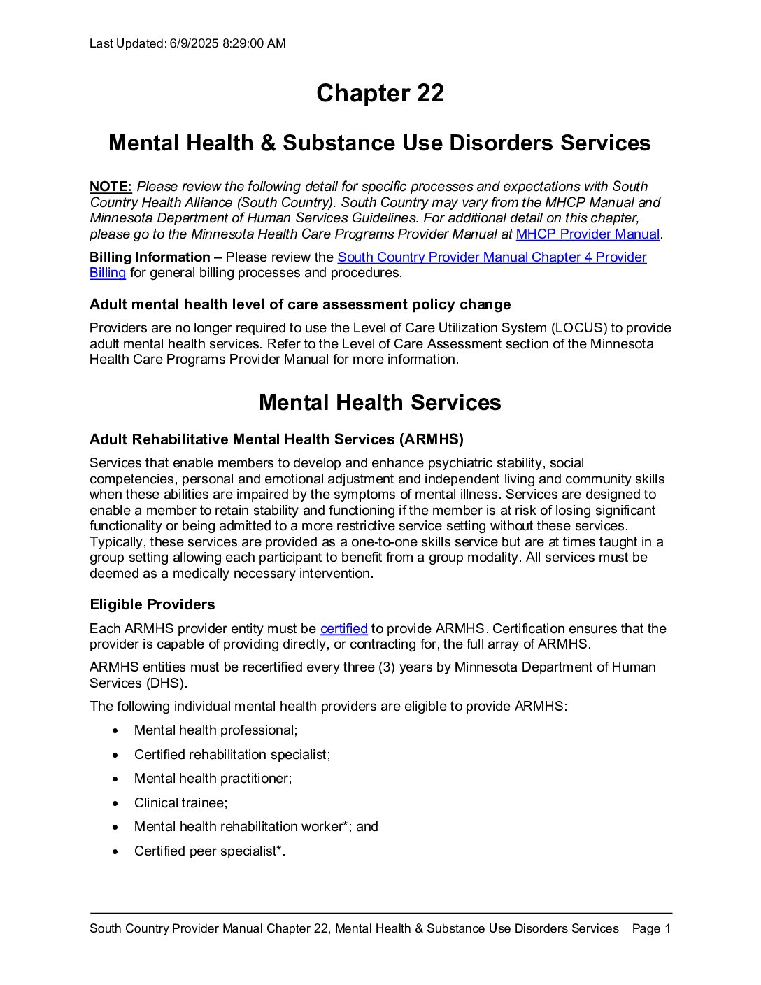 Provider Manual Chapter 22, Mental Health & Substance Use Disorders ...