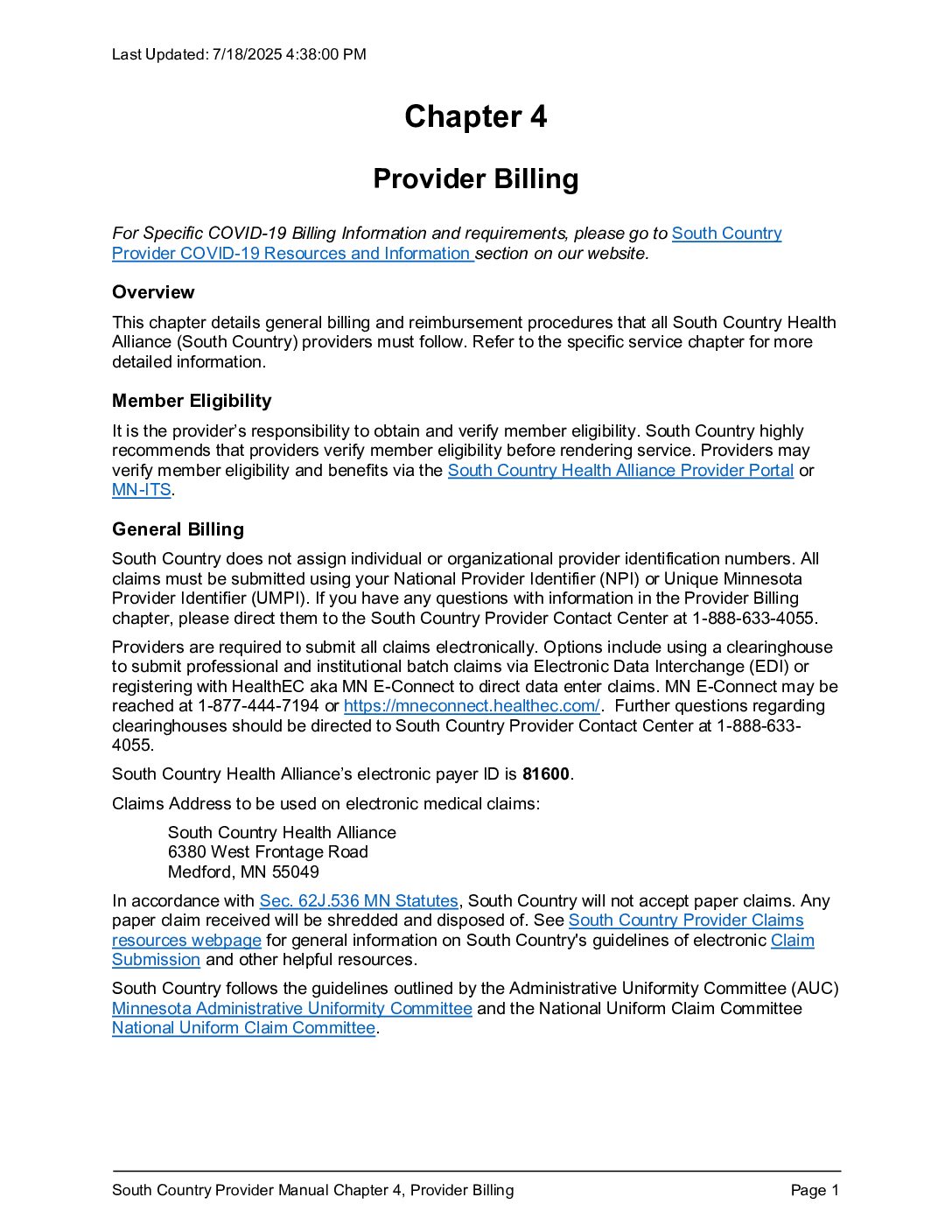 Provider Manual Chapter 4, Provider Billing – South Country Health Alliance